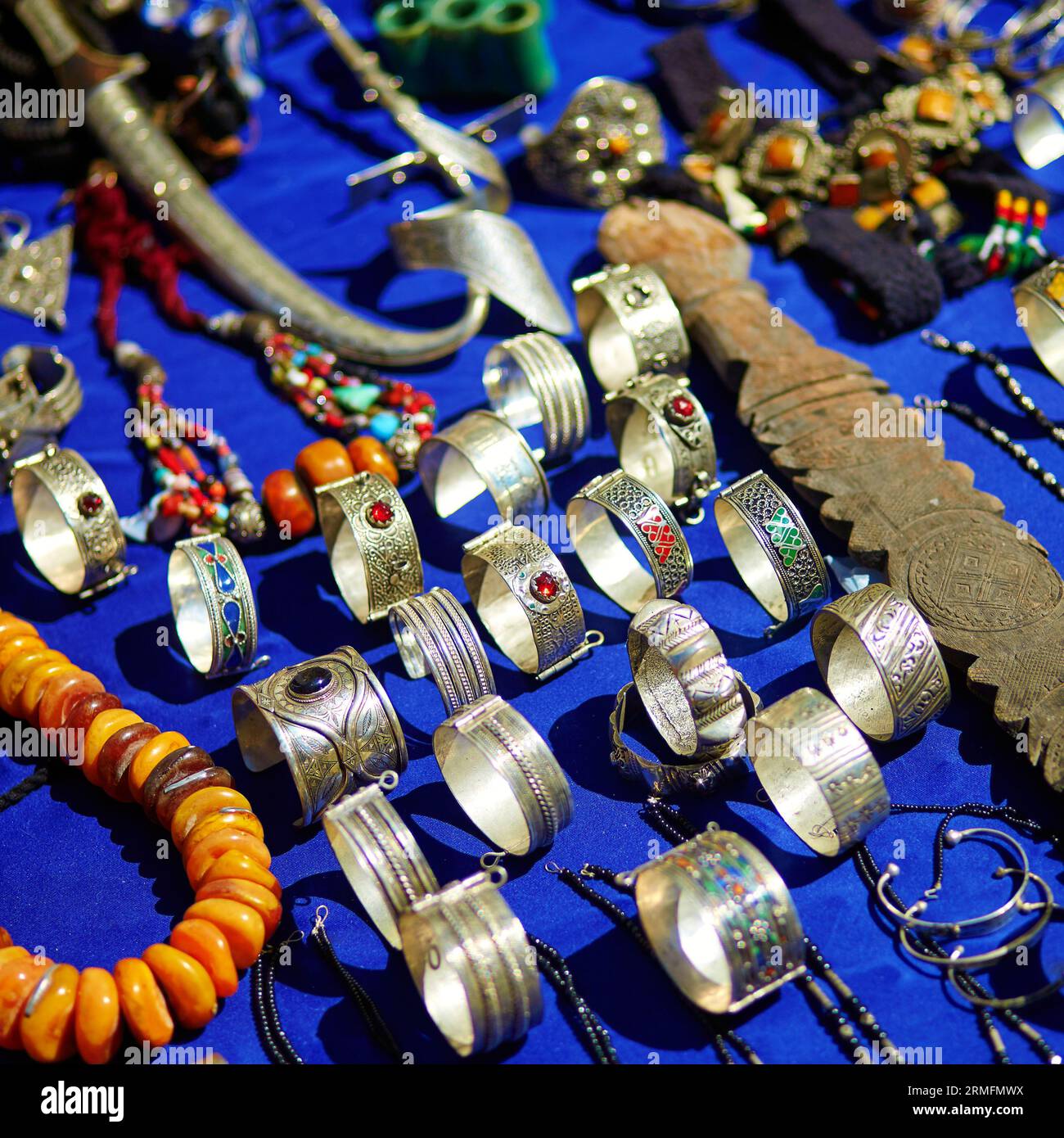Silver jewelry for sale on a street in Medina of Chefchaouen, Morocco ...