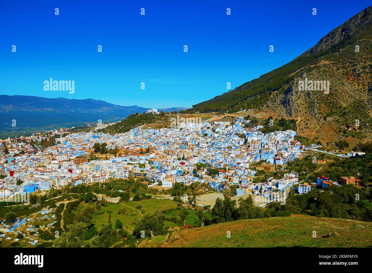 Aerial view of of Chefchaouen, Morocco, small town in northwest Morocco ...