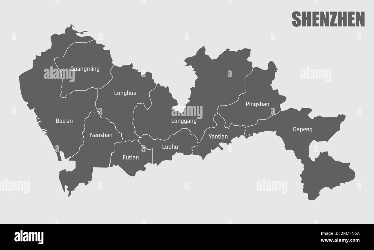 Shenzhen city administrative map isolated on gray background, China ...