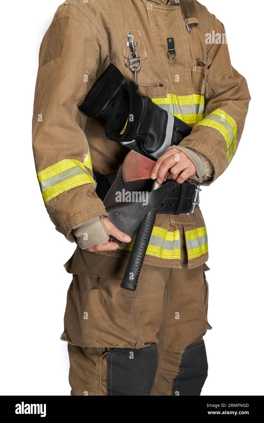 Anonymous male fireman pulling hammer from black leather holster. Crop ...