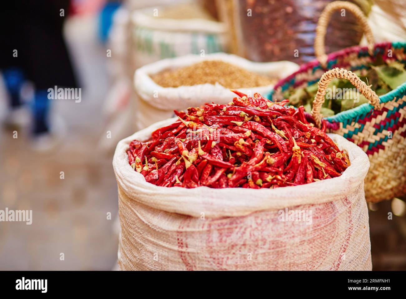 Selection of chili peppers on a traditional Moroccan market (souk) in ...