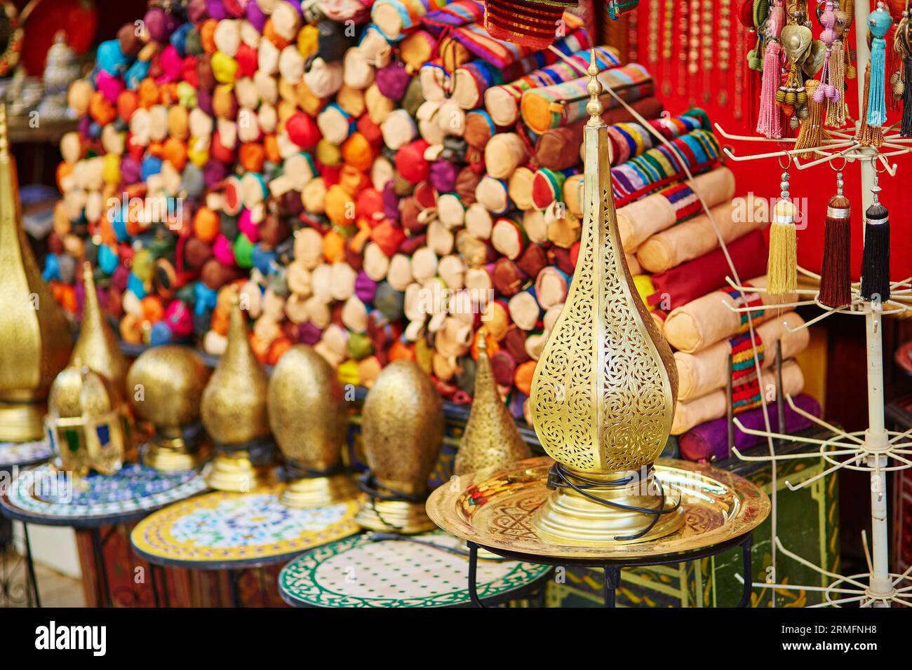Selection of traditional lamps on Moroccan market (souk) in Fes ...