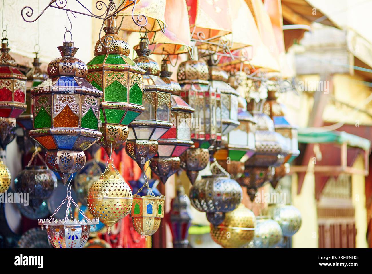 Selection of traditional lamps on Moroccan market (souk) in Fes ...