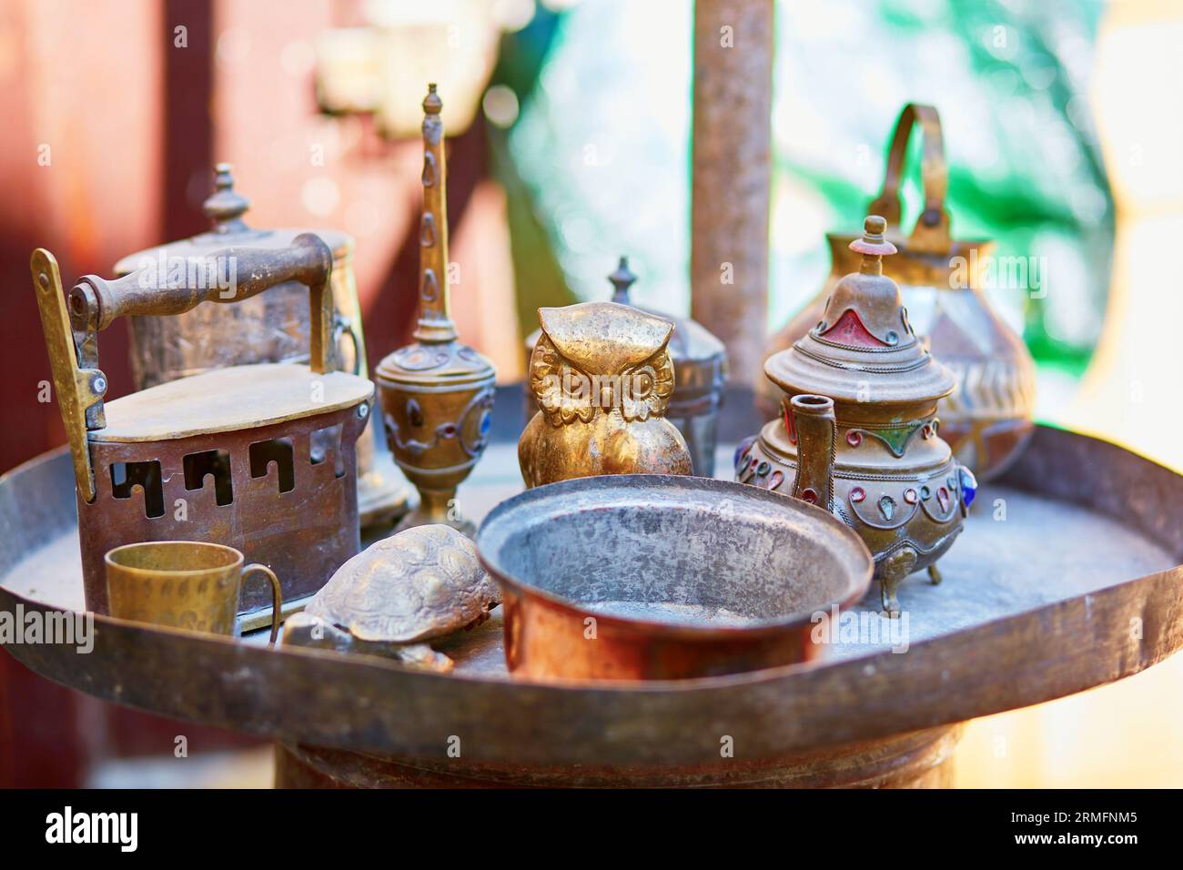 Selection of ancient metal objects on Moroccan market (souk) in Fes ...