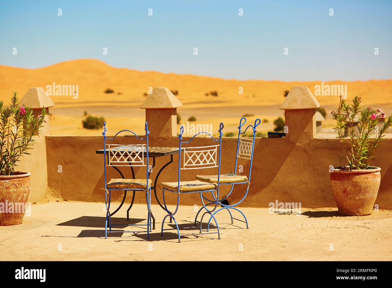 Table of a cafe in Merzouga village in Sahara desert, Morocco Stock ...