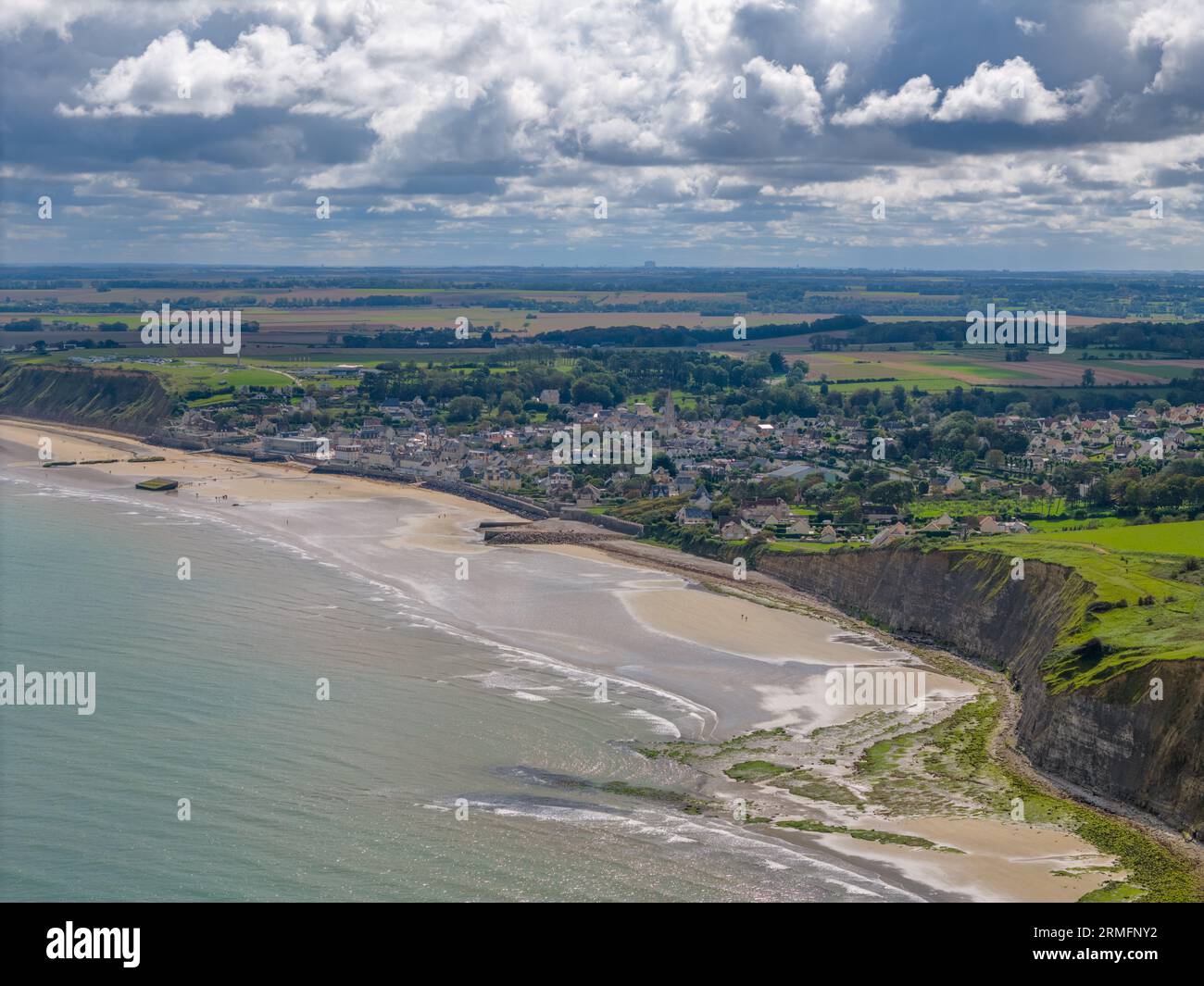 Aerial drone photo of Arromanches les Bains in Normandy France. The ...