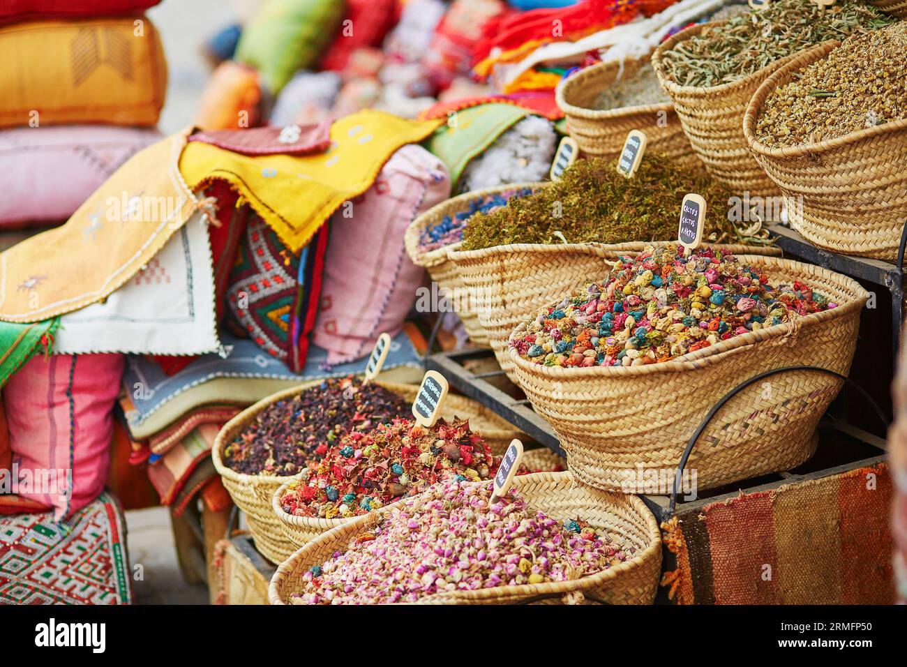Selection of herbs and dry flowers on a traditional Moroccan market ...