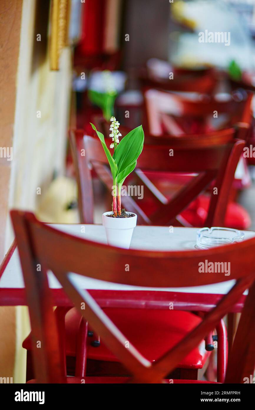 Table of Parisian outdoor restaurant decorated with lilies of the ...
