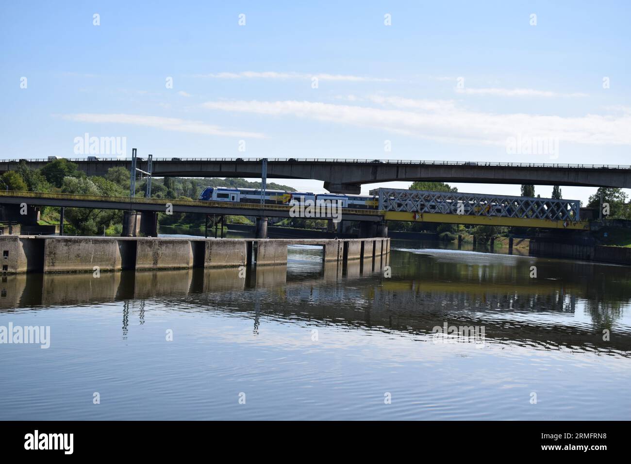 railroad bridge with a highway bridge above Stock Photo - Alamy