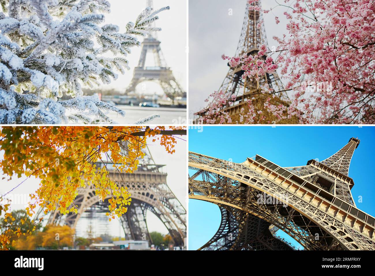 Collage of four photos of the Eiffel tower during different seasons ...