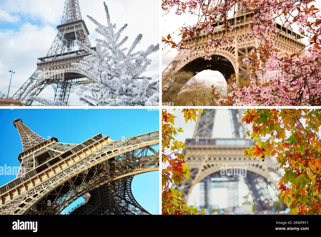Collage of four photos of the Eiffel tower during different seasons ...