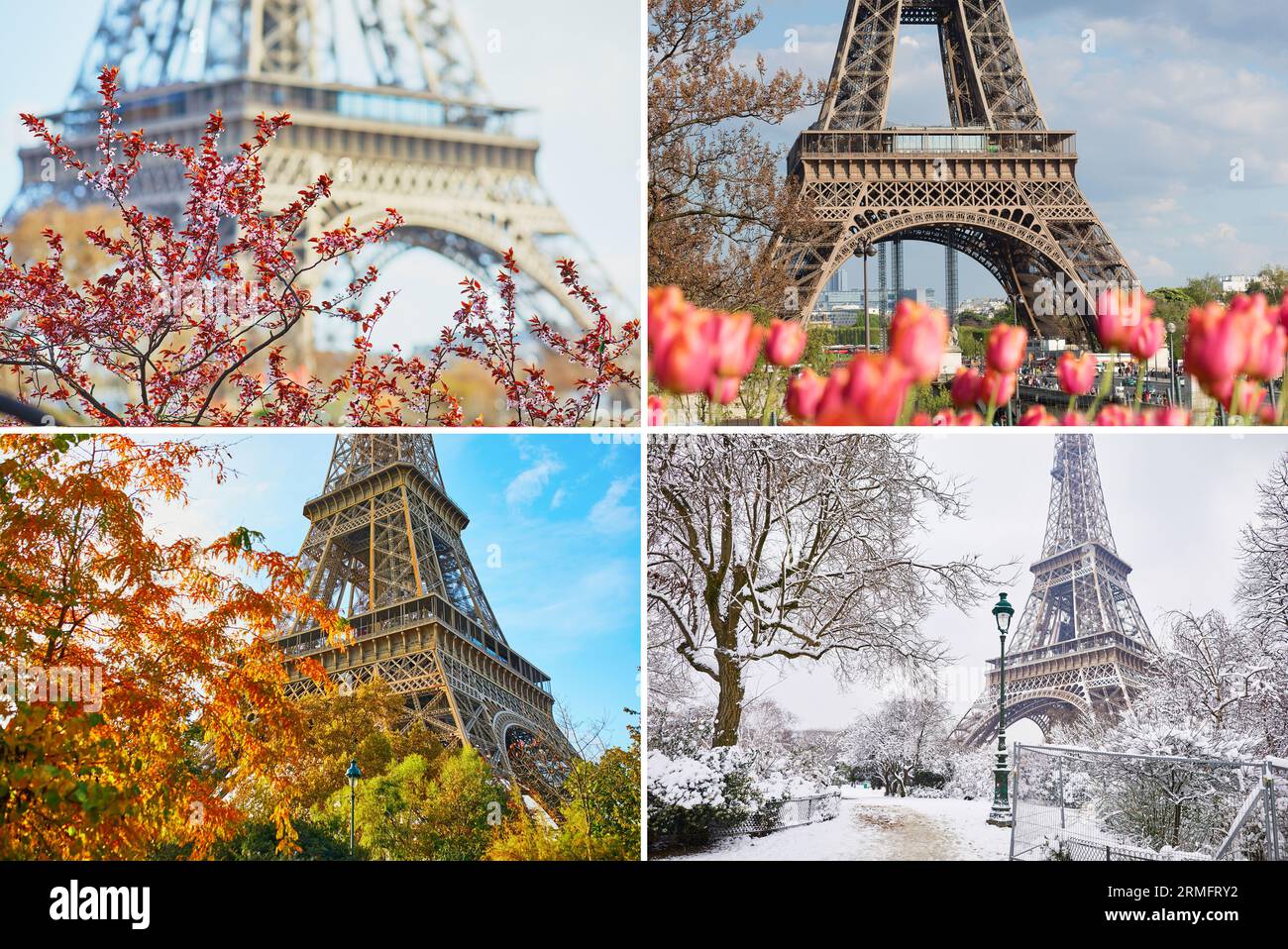 Collage of four photos of the Eiffel tower during different seasons ...
