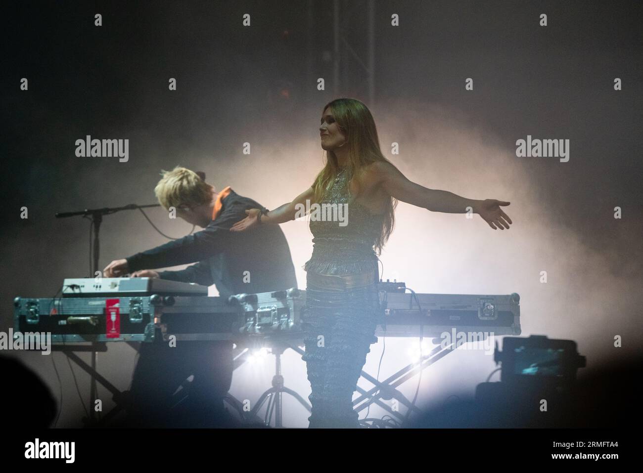 Georgia Ellery and Taylor Skye of Jockstrap play live at Green Man Festival in Wales, UK, August ...