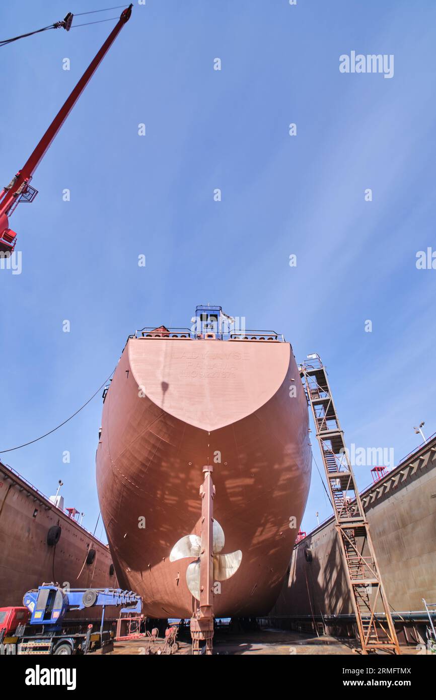 Aerial view of a shipyard repairing cargo ships. shipyard and ...