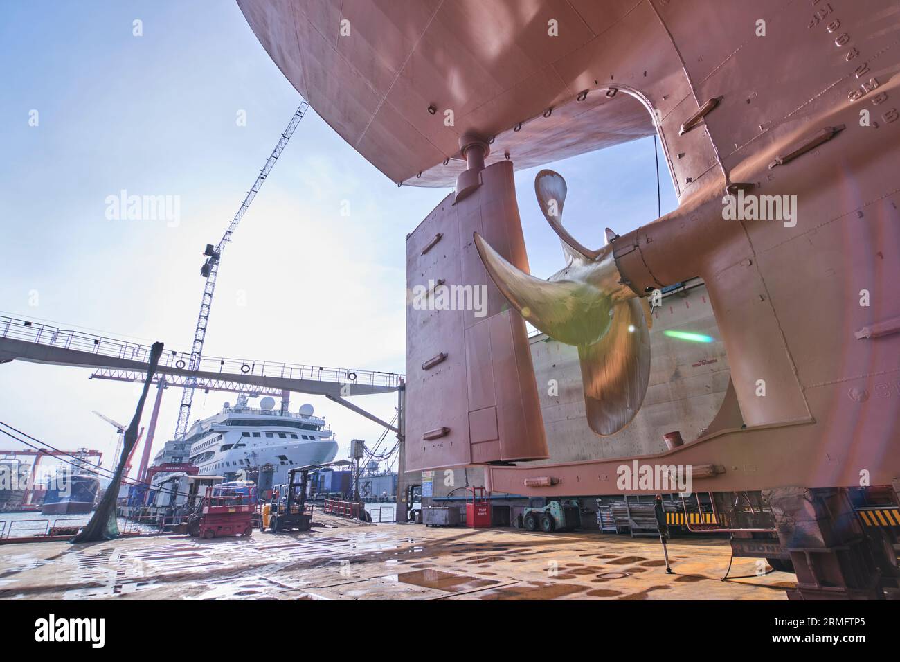 Aerial view of a shipyard repairing cargo ships. shipyard and ...