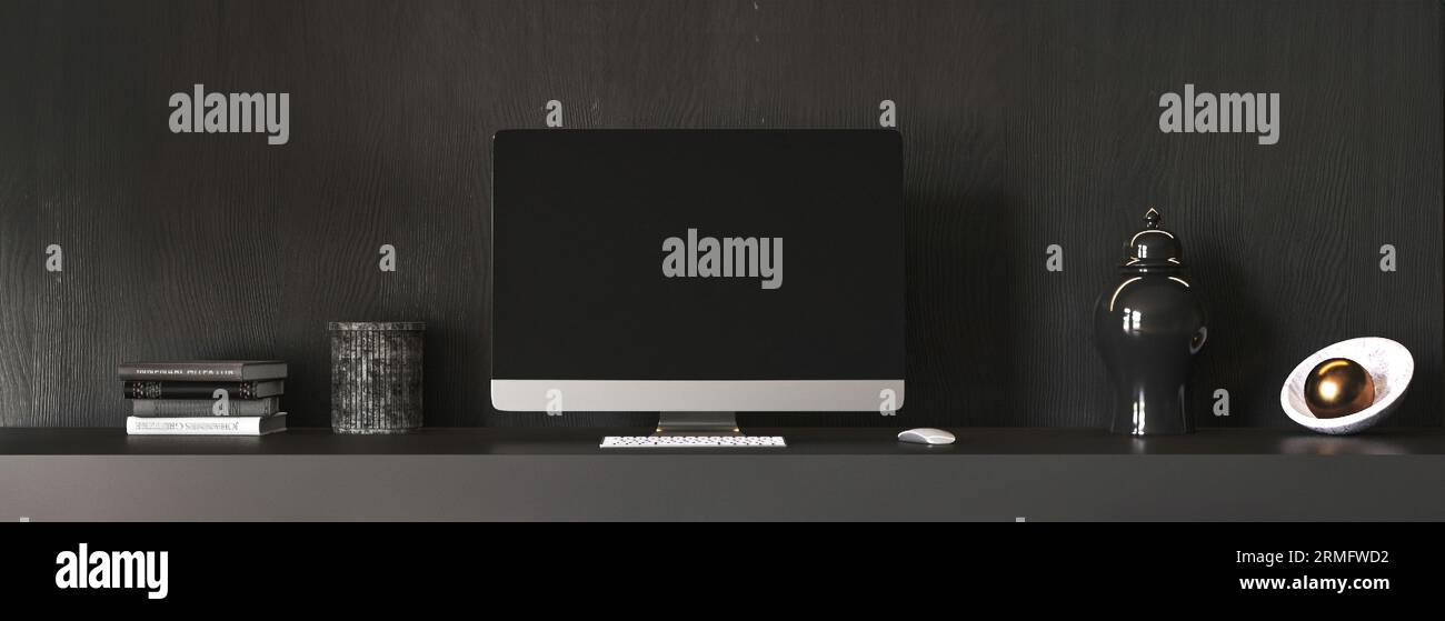 Gray home interior office with wooden dark table, computer screen and ...