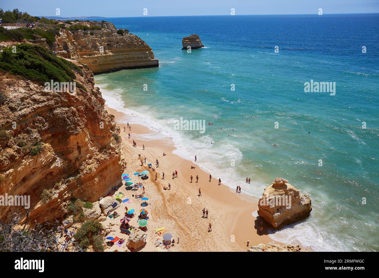 Scenic landscape with ocean, sand beaches and rocks in Algarve ...