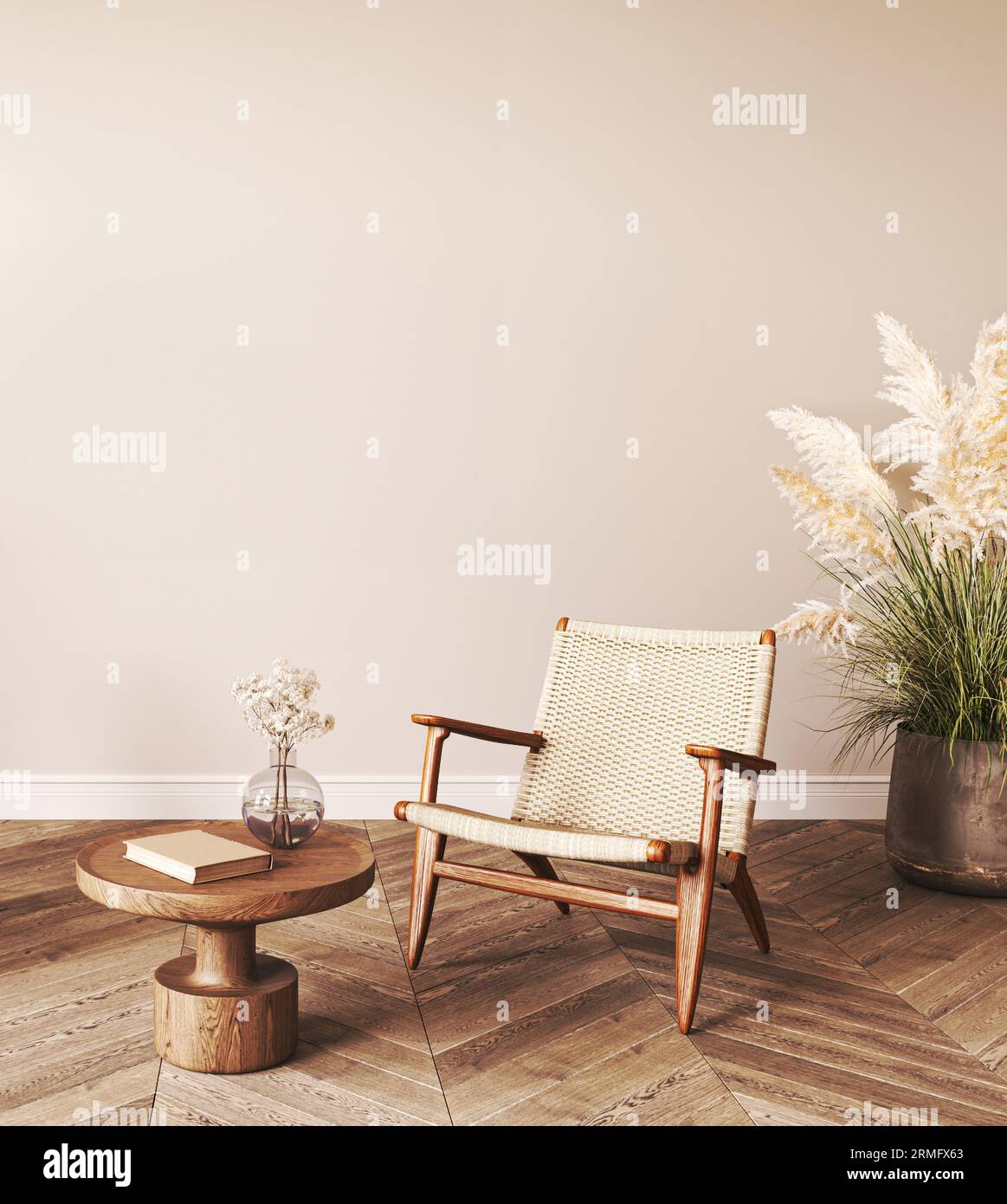 Japanese boho beige interior with armchair background. Light modern ...