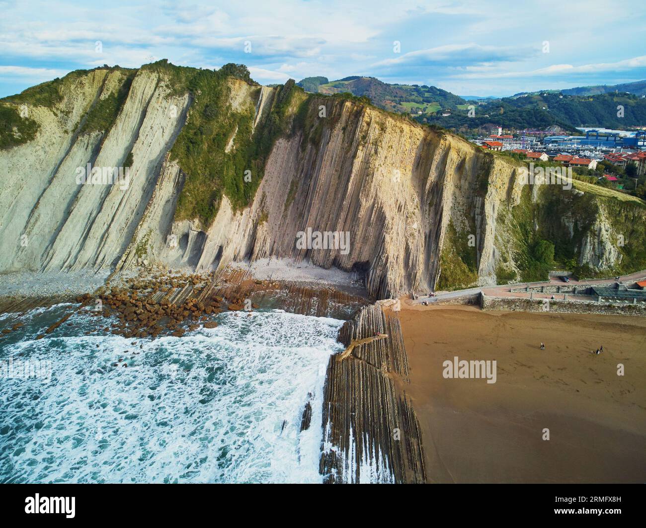 Aerial drone view of famous flysch of Zumaia, Basque Country, Spain ...