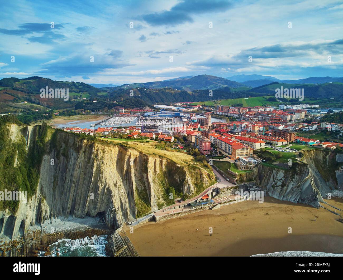 Aerial drone view of Zumaia, Basque Country, Spain. Zumaia village is ...