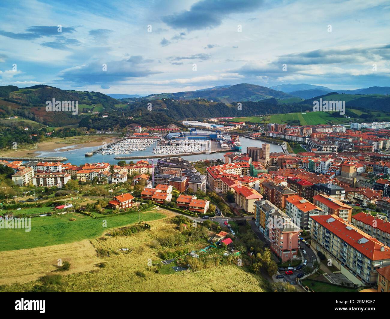 Aerial drone view of Zumaia, Basque Country, Spain. Zumaia village is ...