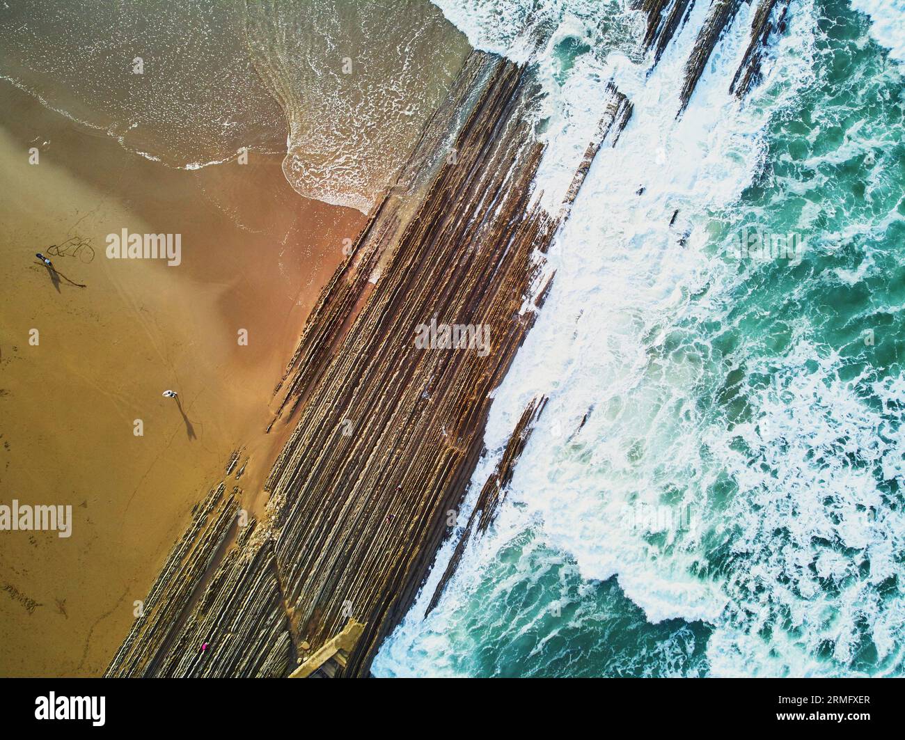 Aerial drone view of famous flysch of Zumaia, Basque Country, Spain ...