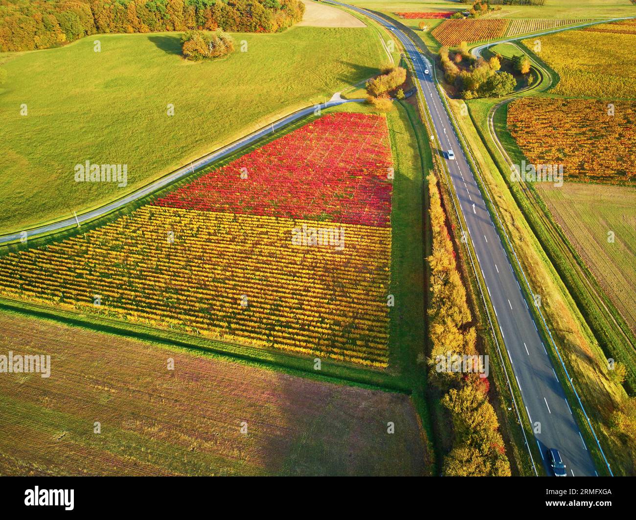 Aerial view of pastures, farmlands and vineyards in France. Beautiful ...