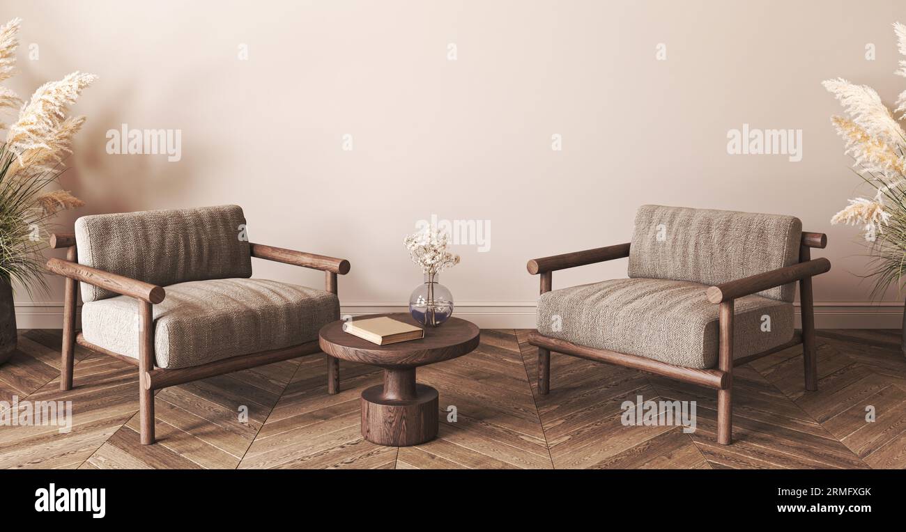 Japanese boho beige interior with armchair and commode background ...
