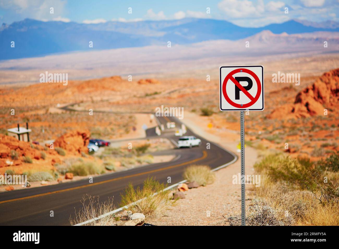 Scenic landscape with winding road and no parking sign in Valley of the ...