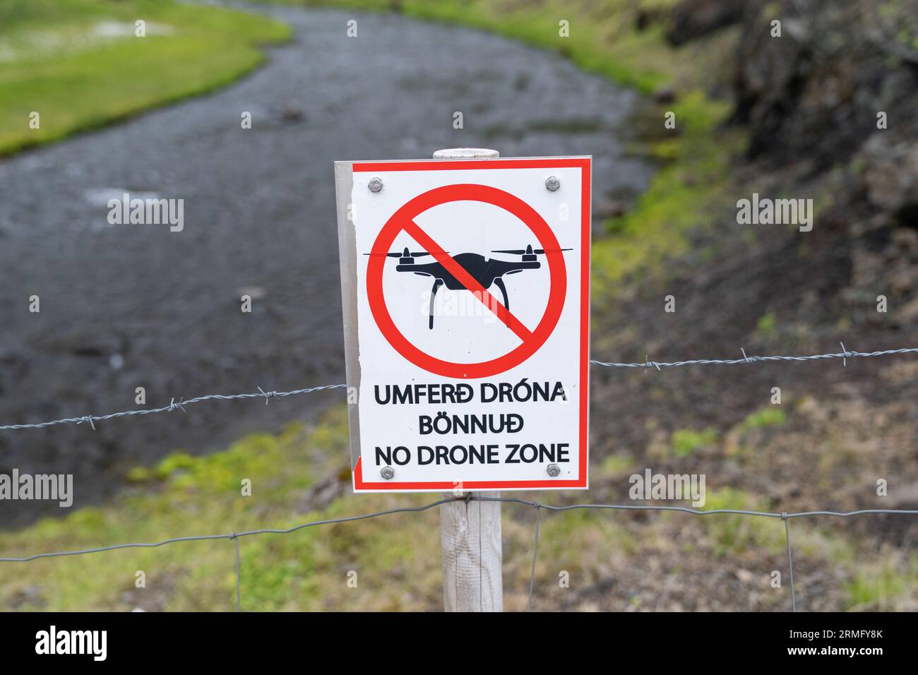 Icelandic sign in English - No Drone Zone, drones are not allowed Stock ...