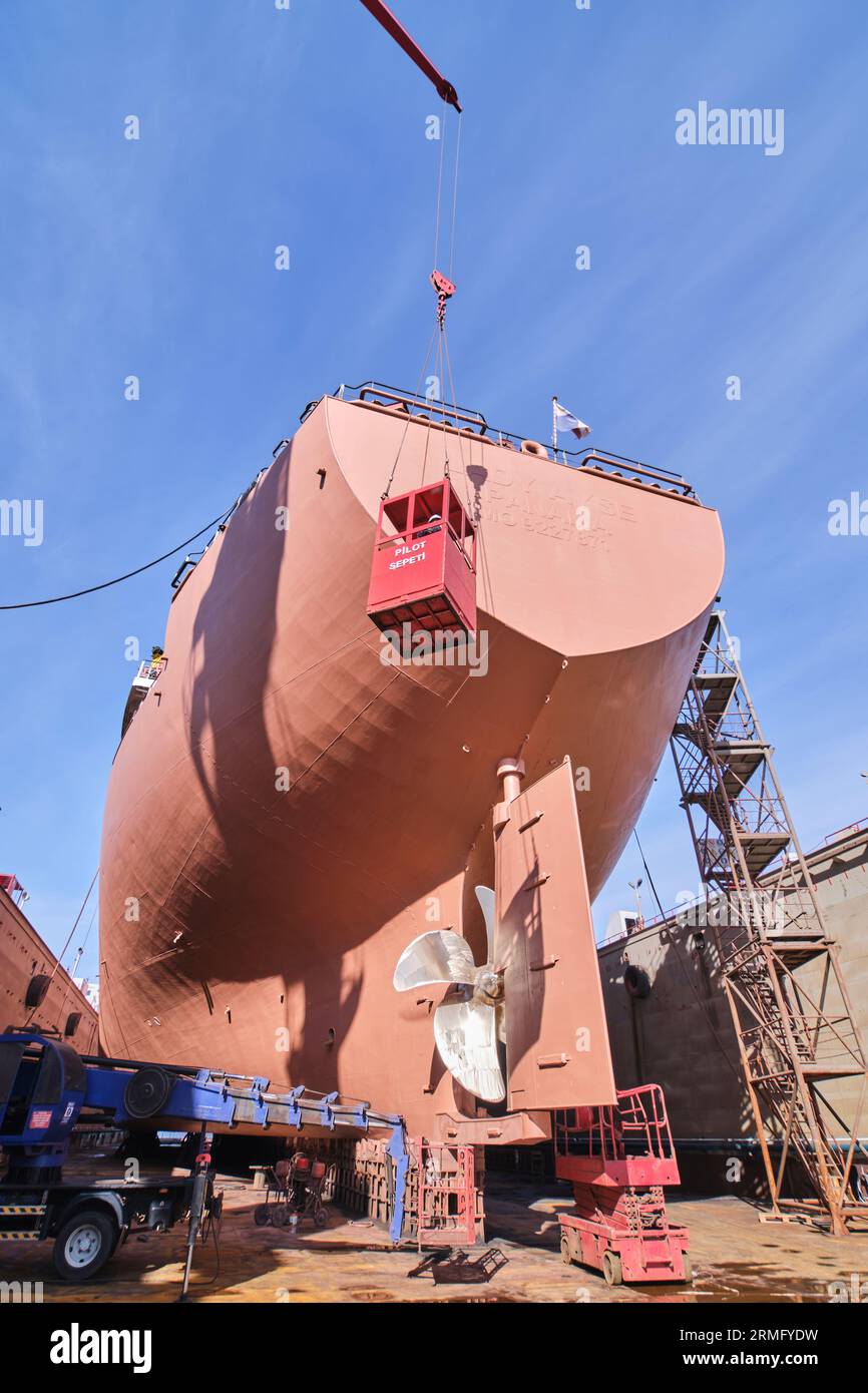 Aerial view of a shipyard repairing cargo ships. shipyard and ...