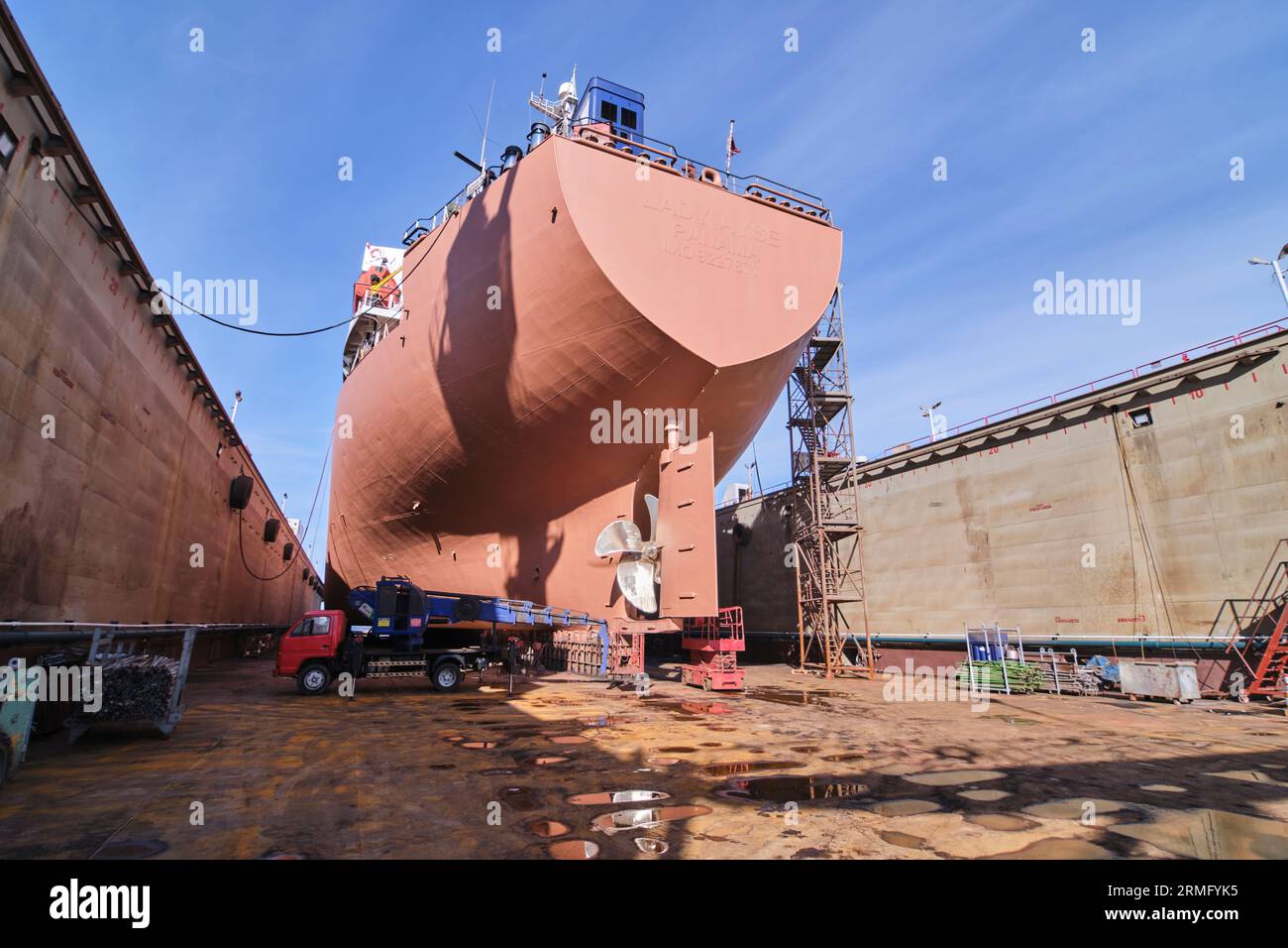 Aerial view of a shipyard repairing cargo ships. shipyard and ...