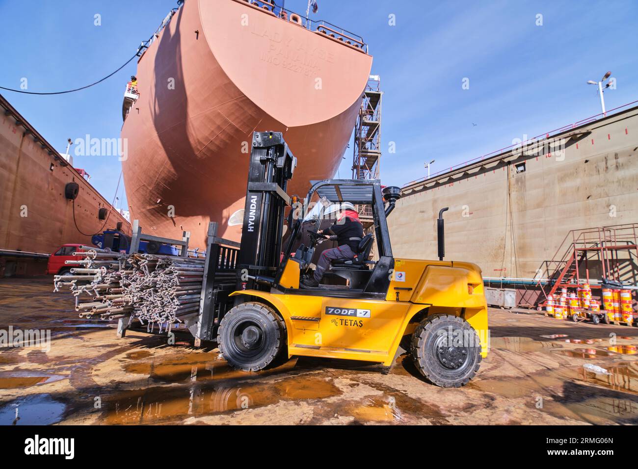 Aerial view of a shipyard repairing cargo ships. shipyard and ...