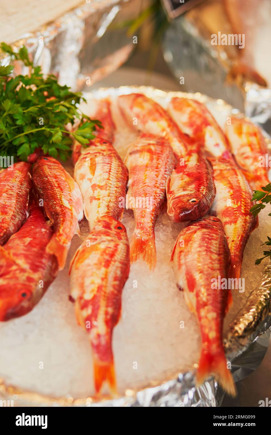 Fresh fish on farmer market in Paris, France. Typical European fish ...