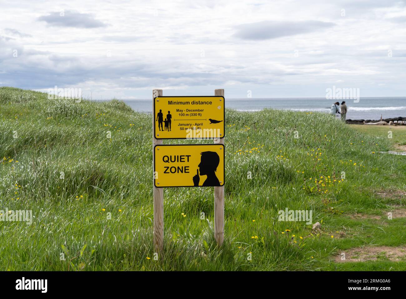 Signs reminding tourists to keep distance between them and the golden ...