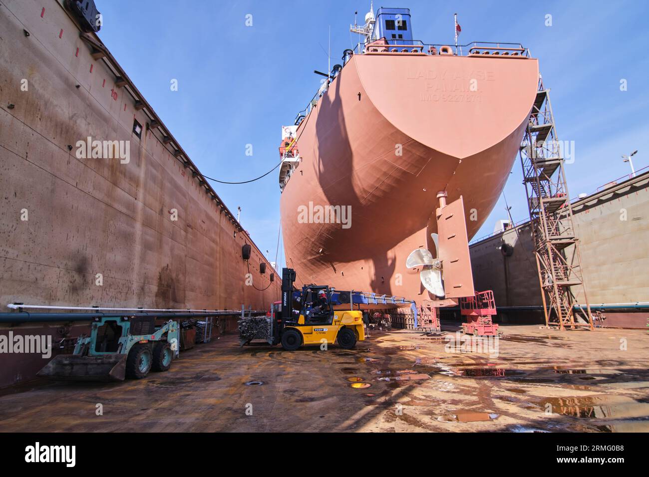 Aerial view of a shipyard repairing cargo ships. shipyard and ...
