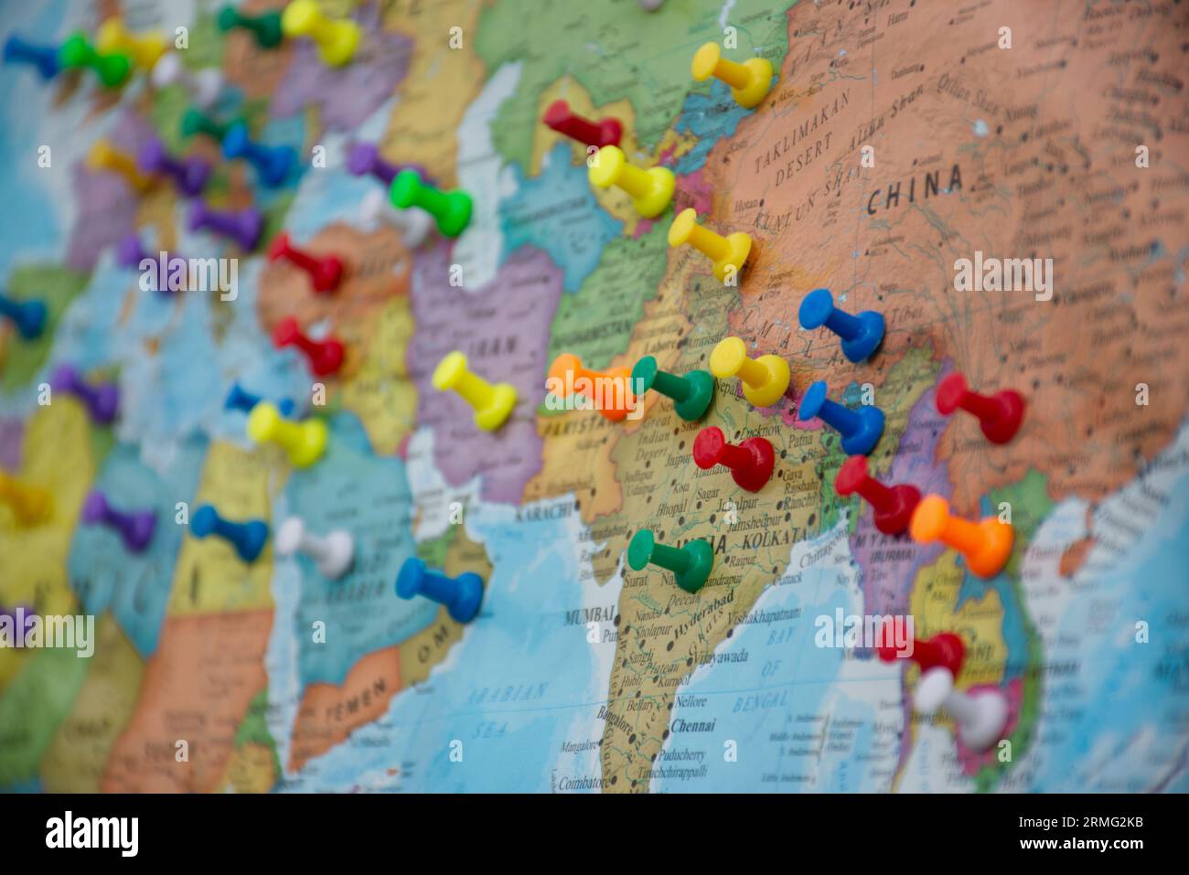 A worldmap with pins, suggesting the places visited or to visit. Focus ...