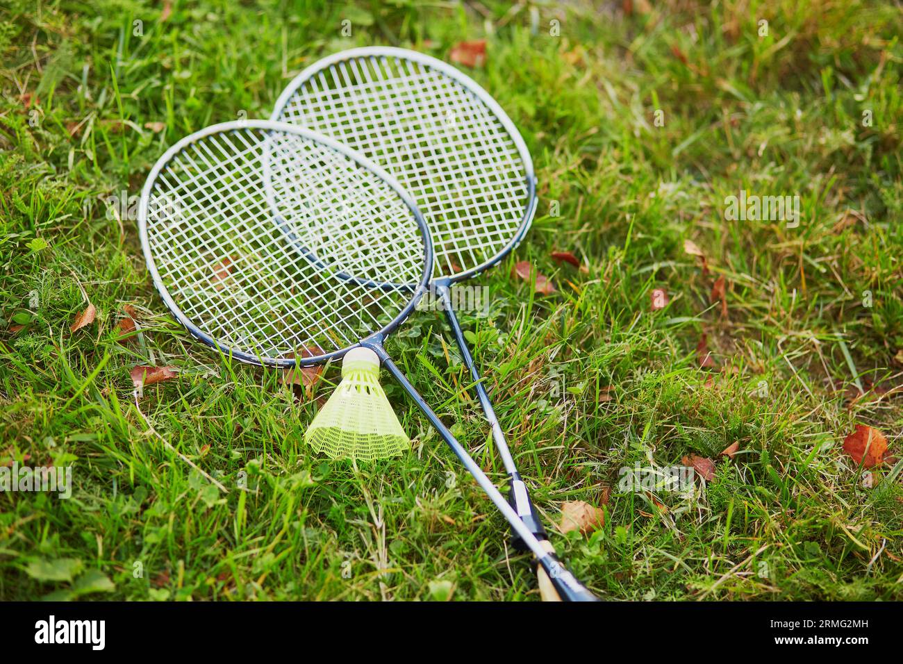 Shuttlecock and two badminton rackets on green grass Stock Photo - Alamy