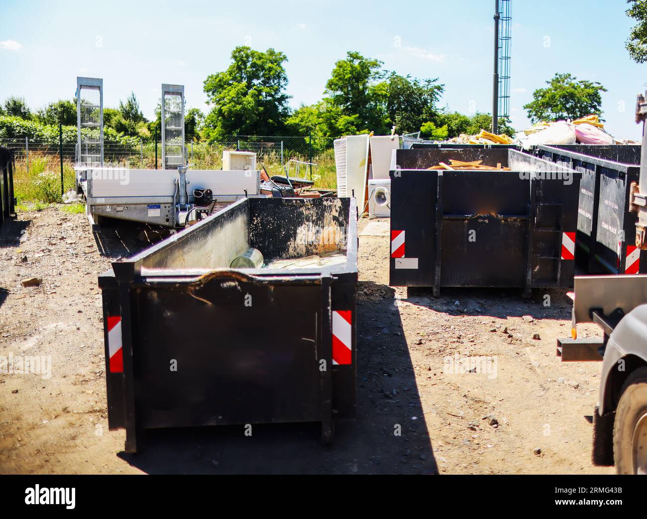 Construction trash dumpsters on metal container, house renovation Stock ...