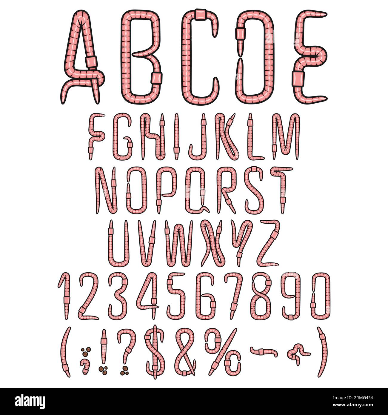 Alphabet, letters, numbers and signs from earthworms, worm. Isolated ...