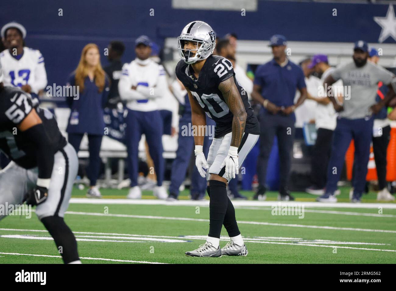 Las Vegas Raiders safety Isaiah Pola-Mao (20) defends against the Dallas Cowboys during a ...