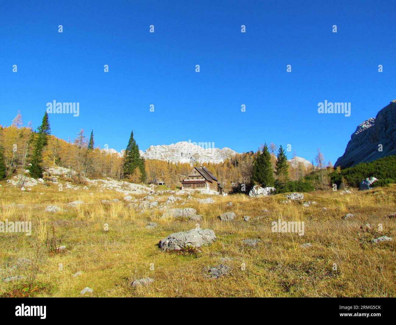 View of mountain lodge at Triglav lakes valley in Triglav national park ...