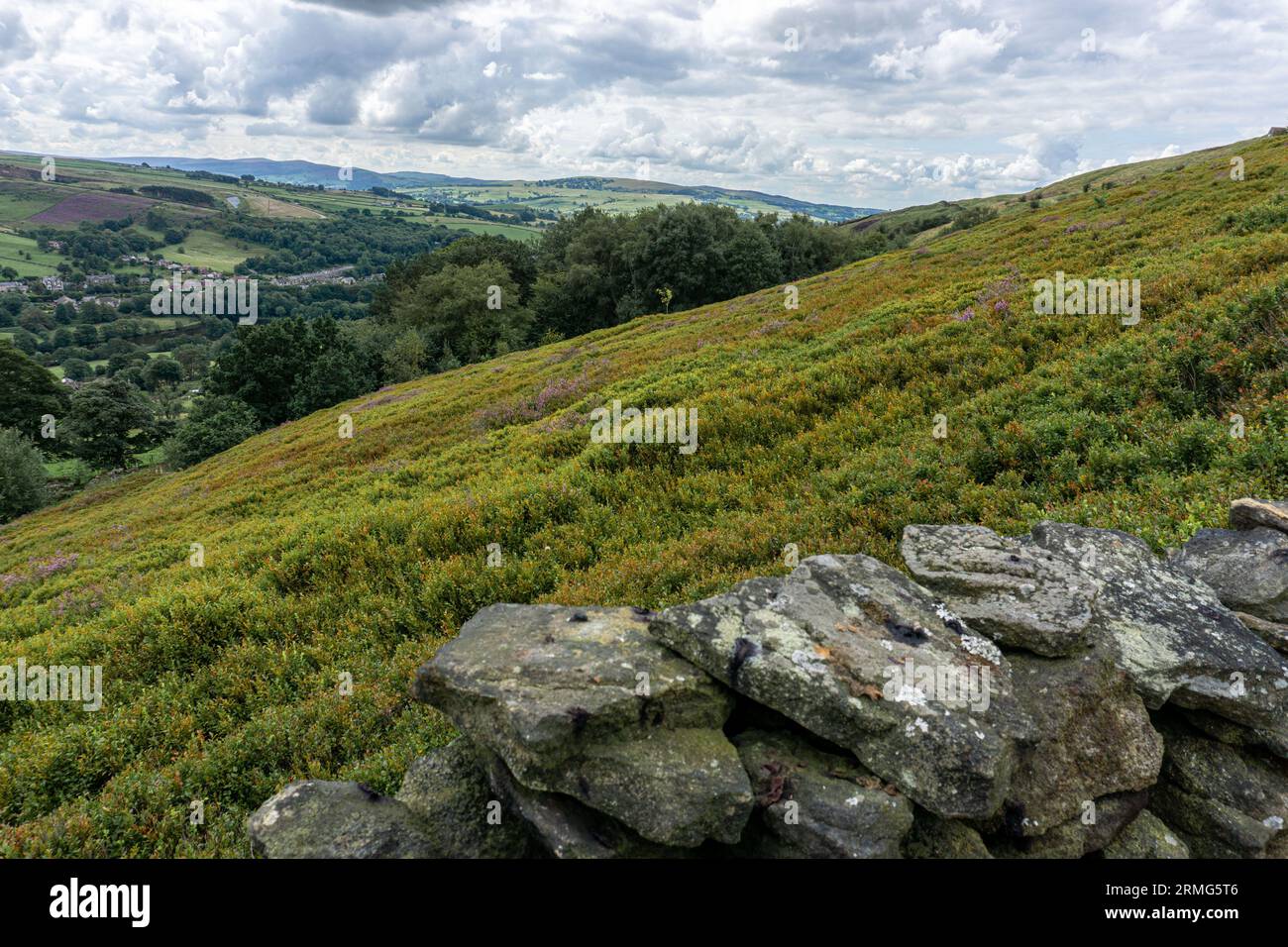 View over Derbyshire moors in Peak District with part of dry stone wall ...