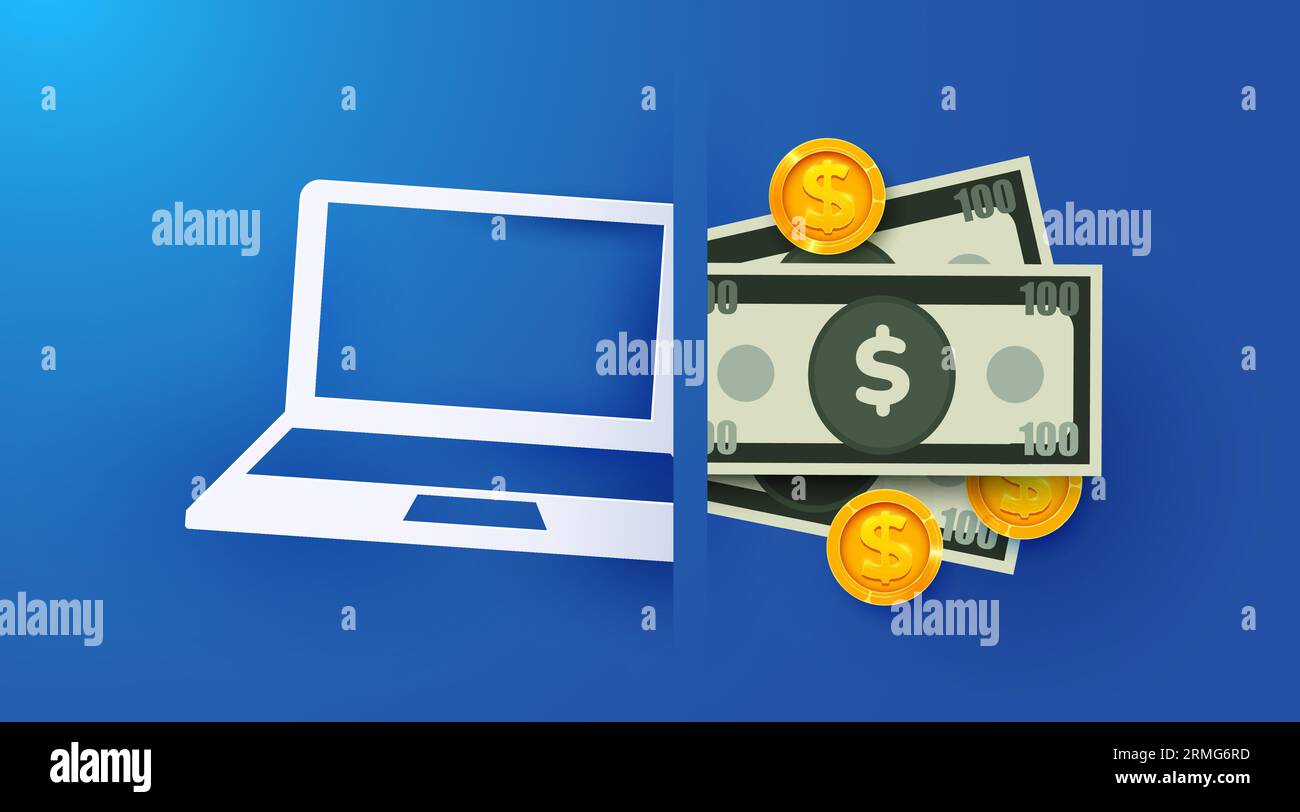 Paper laptop and money. Concept of electronic industry. Buying a ...