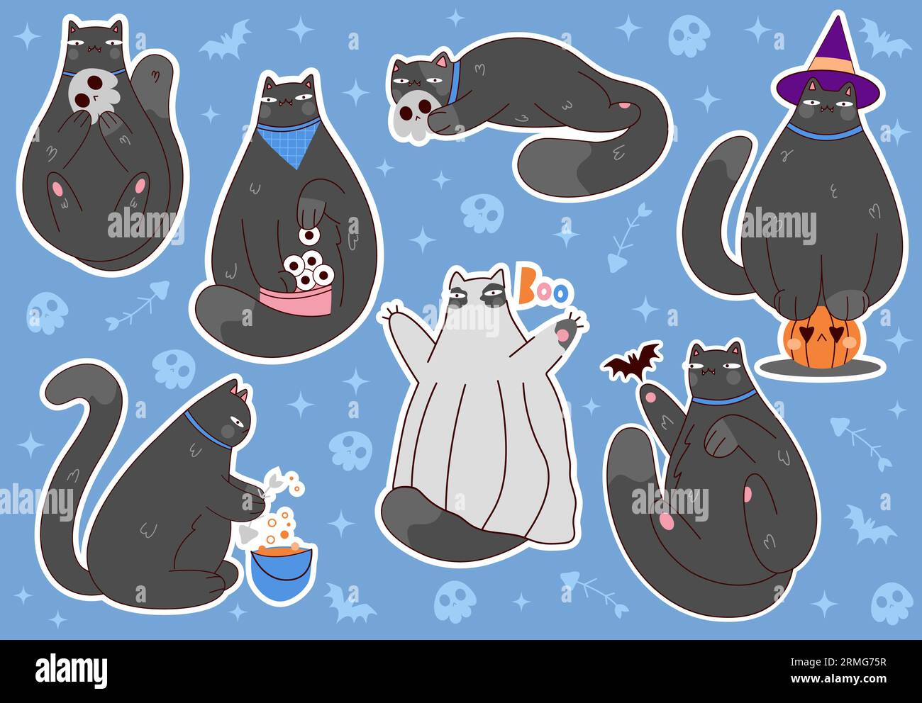 Halloween vector black cat stickers set.Happy halloween with cute cat ...