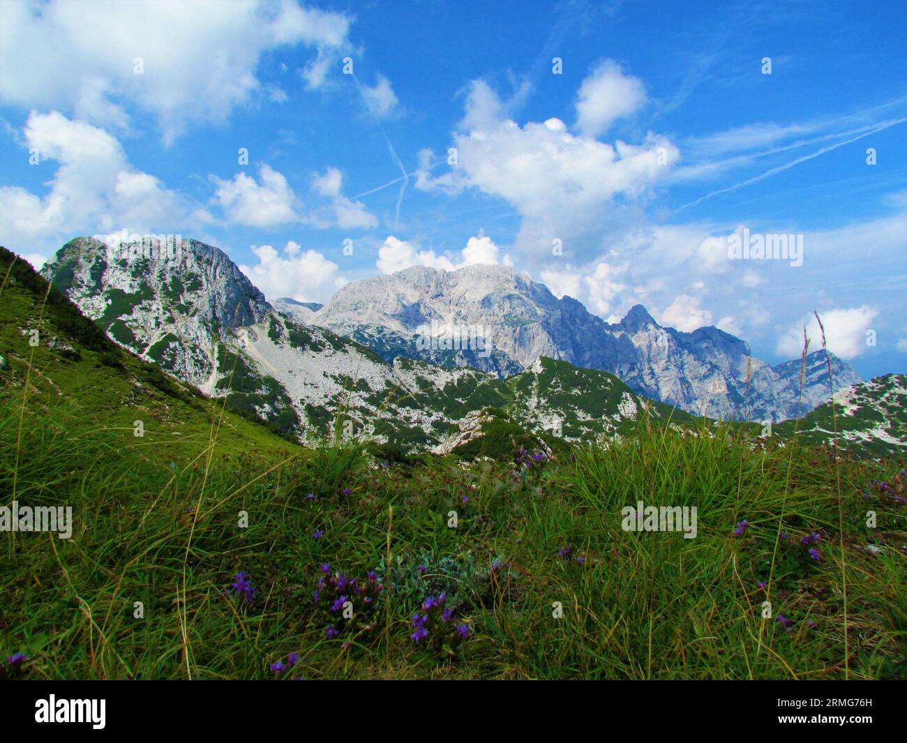 View of mountain Rjavina and mali Draski Vrh in Triglav national park ...