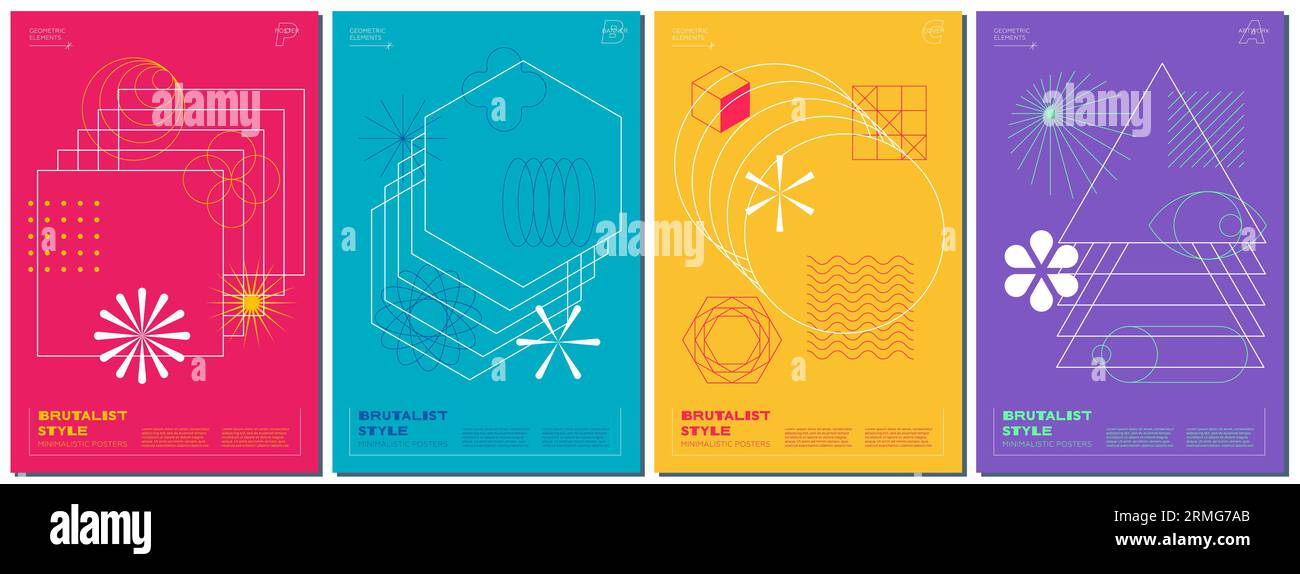 Trendy abstract brutalism poster set with different geometric shapes ...