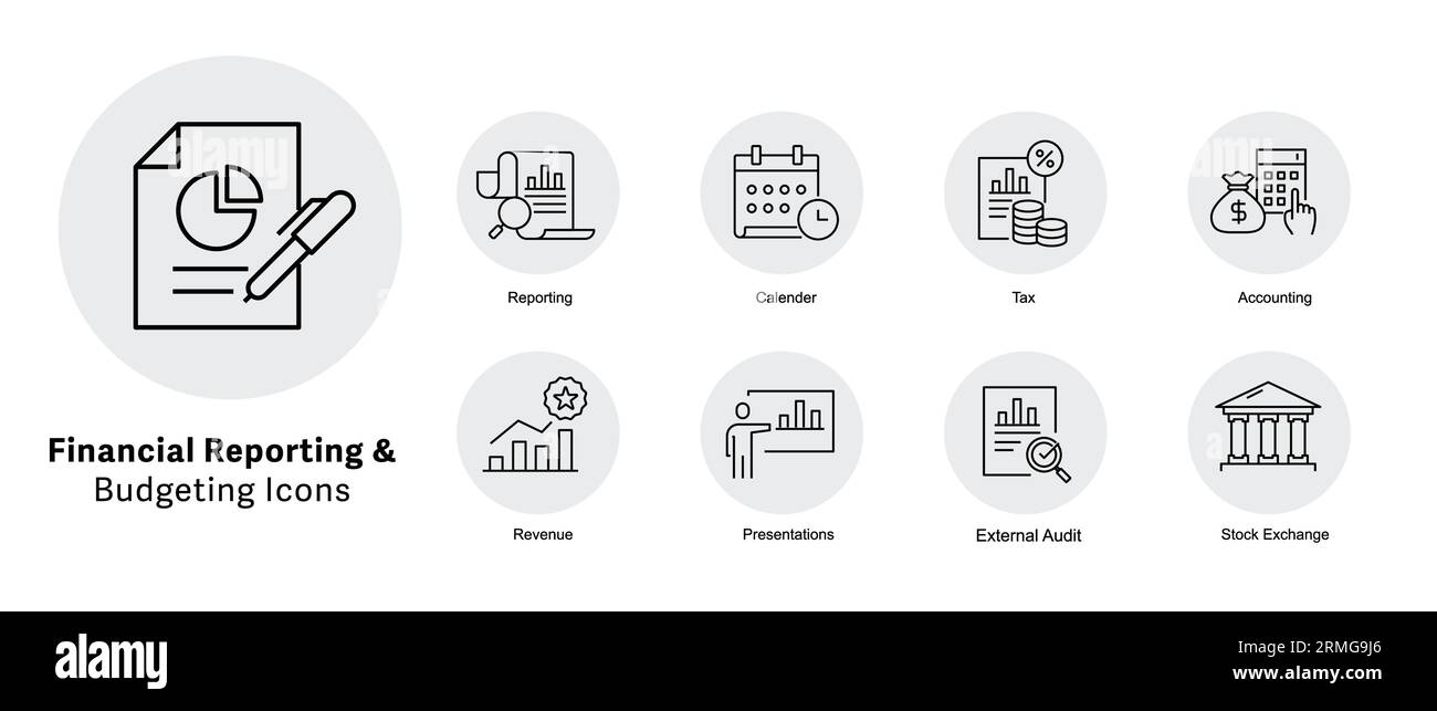 Financial Reporting and Budgeting Icons Set. financial communication ...