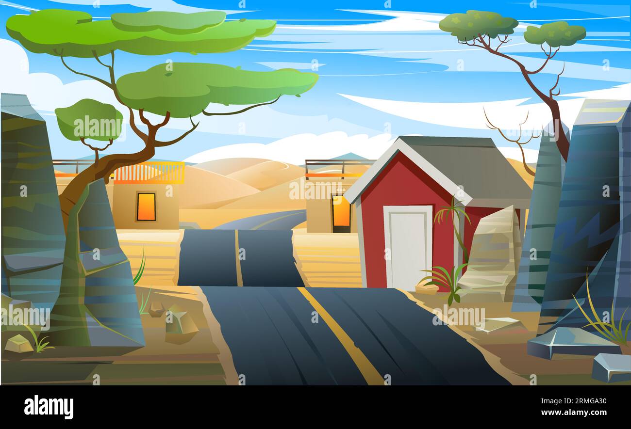 house is beautiful. Road through desert. Lonely village. Fun cartoon ...