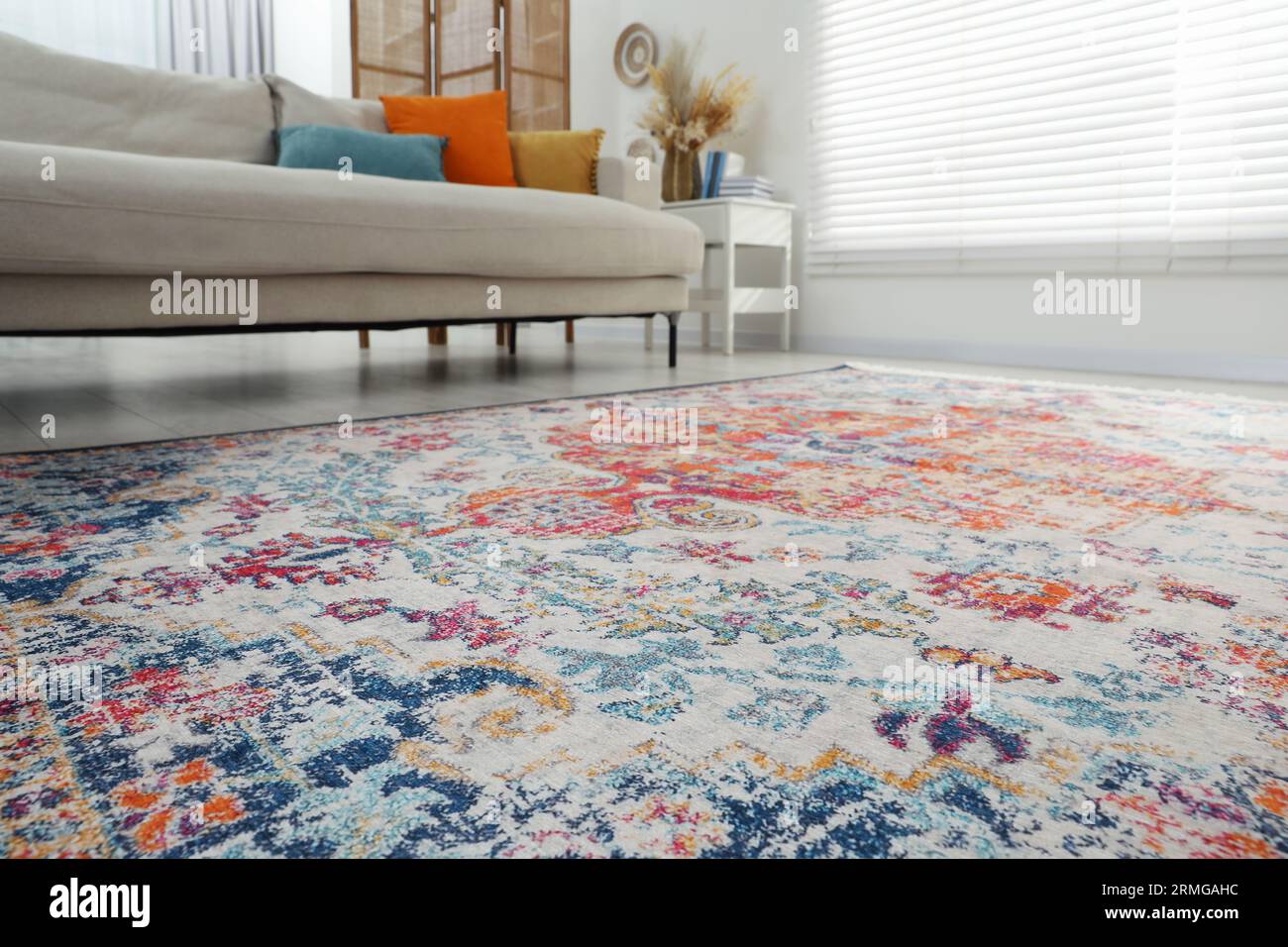 Stylish living room with beautiful carpet and furniture, closeup ...